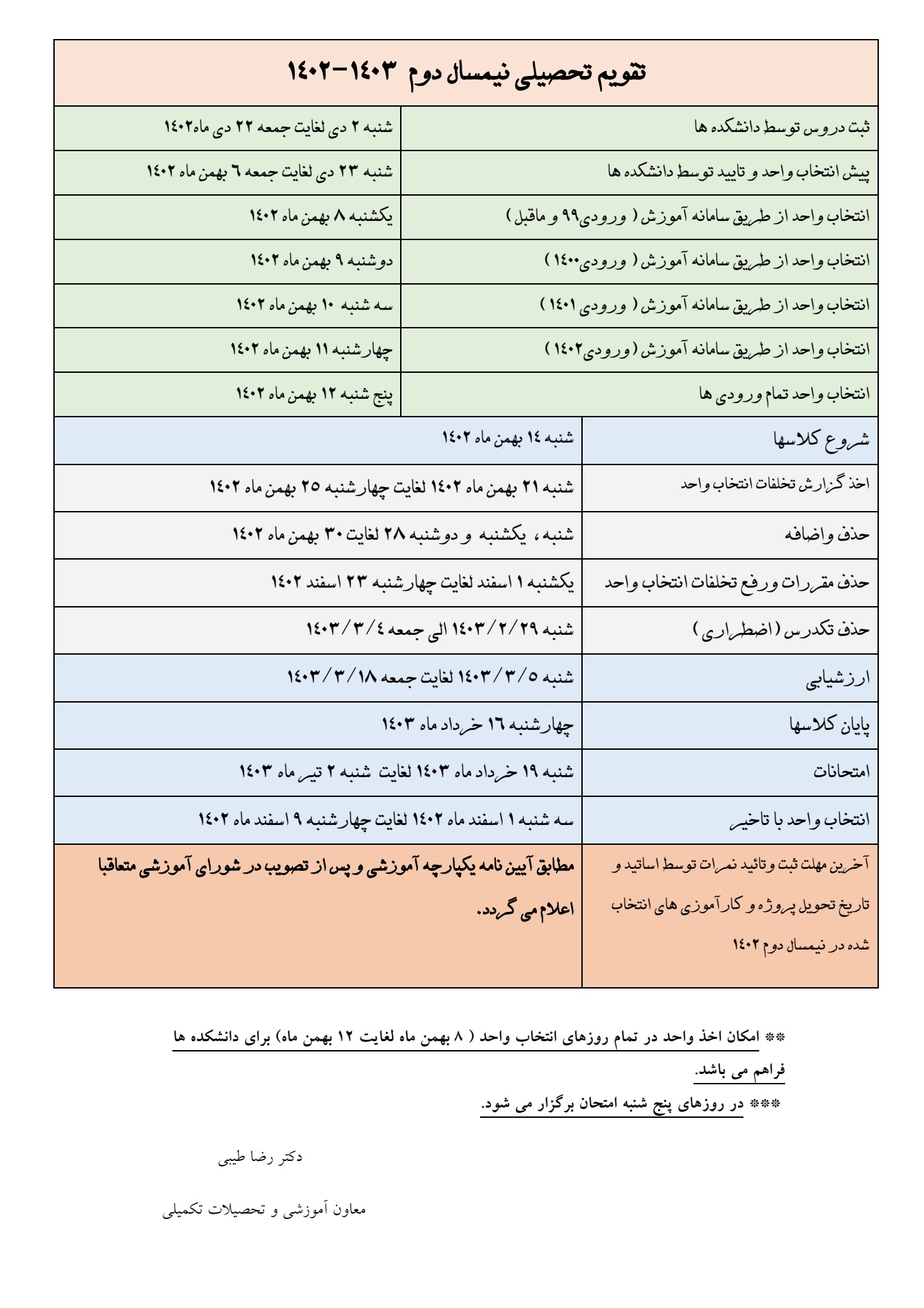 تقويم تحصيلي نيمسال دوم 1403-1402 – دانشکده علوم پایه